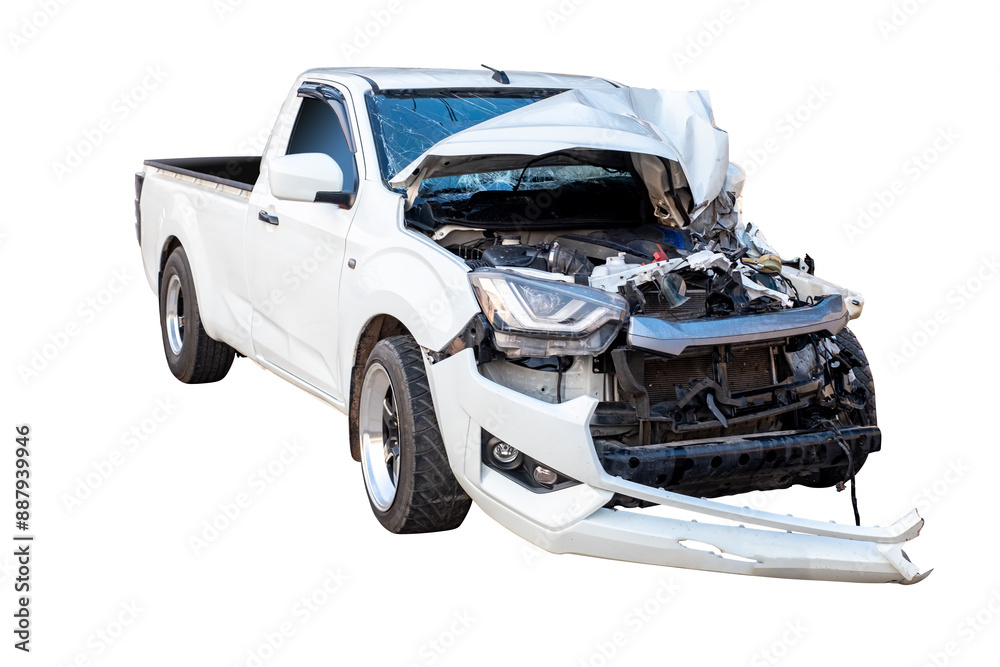 Car crash, Front and Side view of white pickup car get hard damaged by ...
