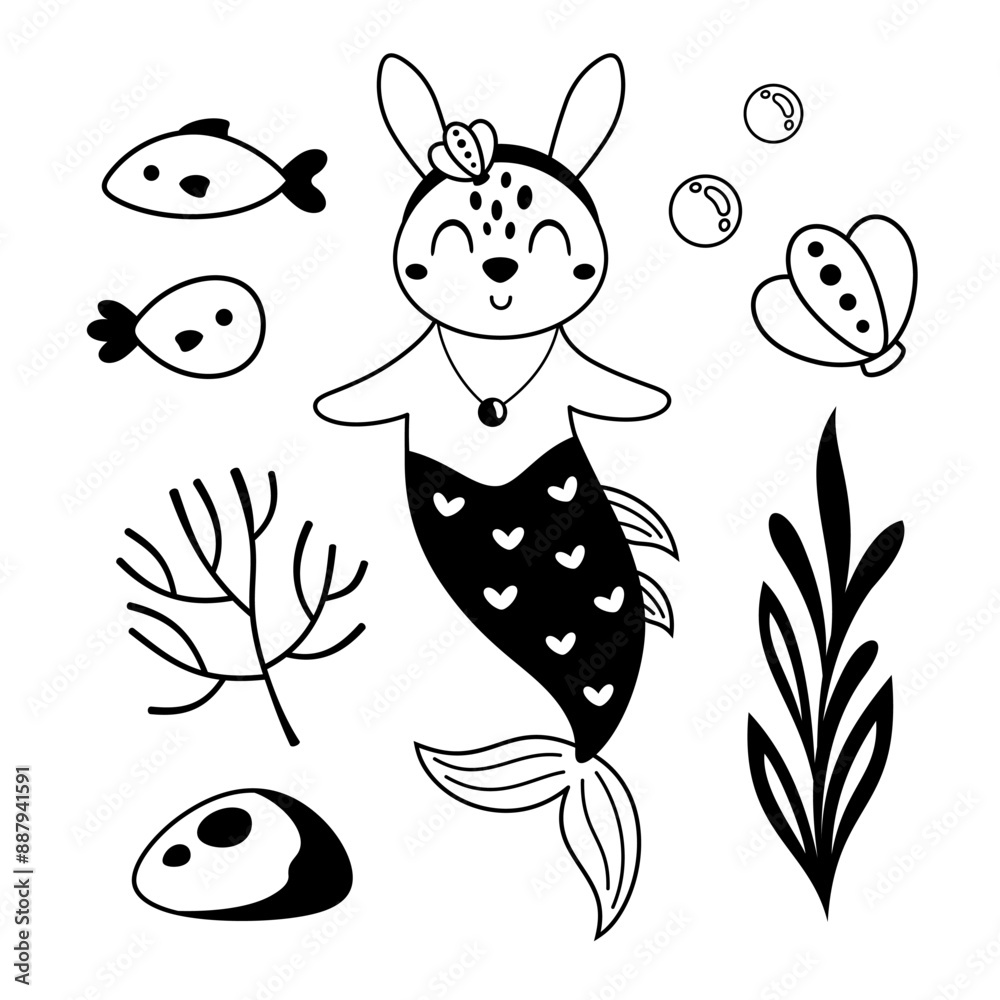 Bkack and white mermaid clipart. Cute mermaid animal clipart in cartoon ...