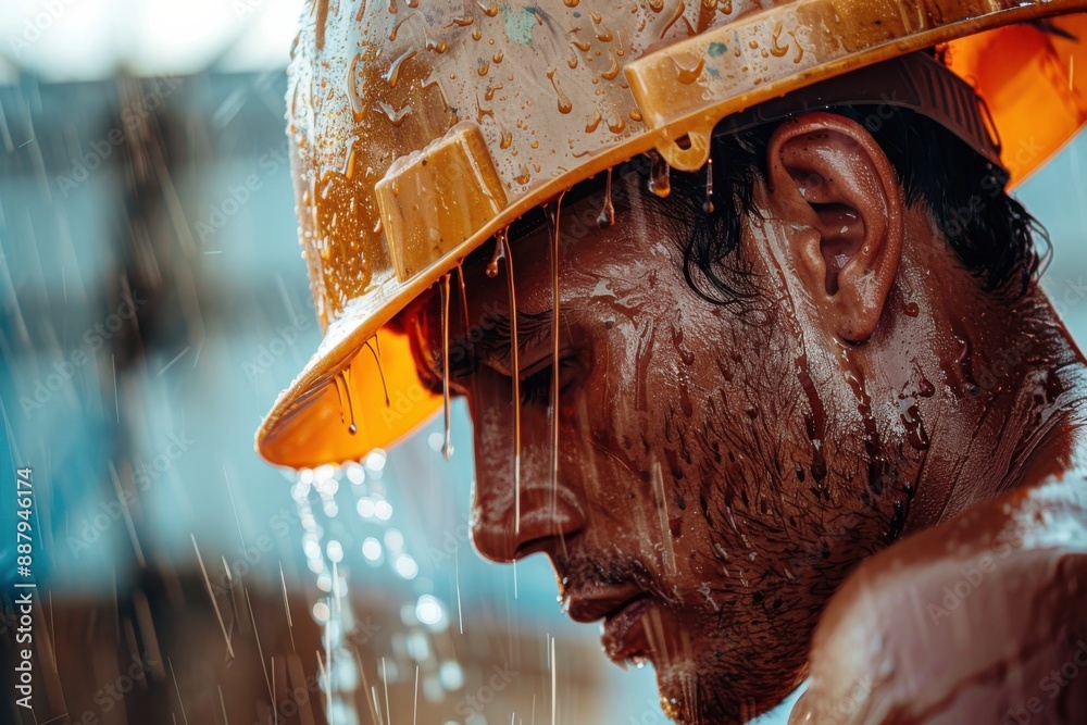 A construction worker with beads of sweat and rainwater running down ...