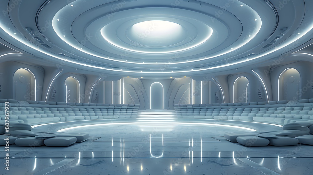futuristic circular auditorium, white marble floor, curved stadium ...