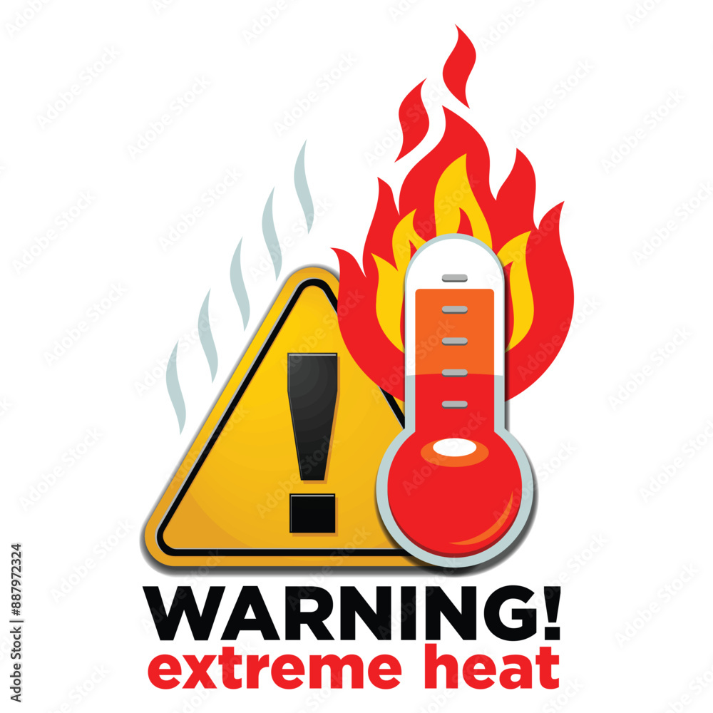 Extreme high temperature warning sign. Yellow triangle sign with ...
