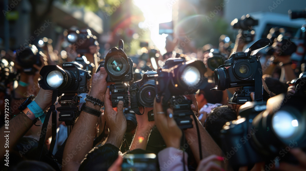 Large crowd of photographers holding up cameras, capturing an event ...