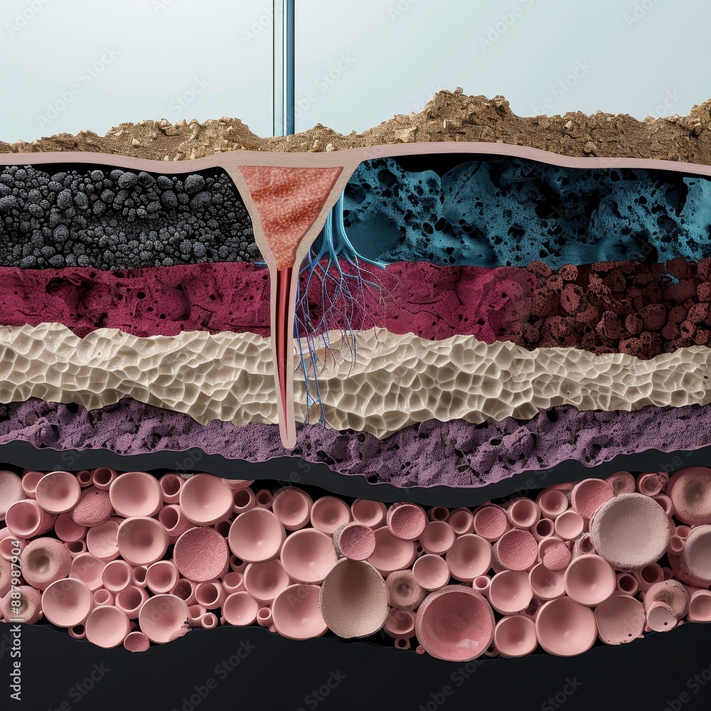 Cross-section of skin showing different layers, Human body system cells ...