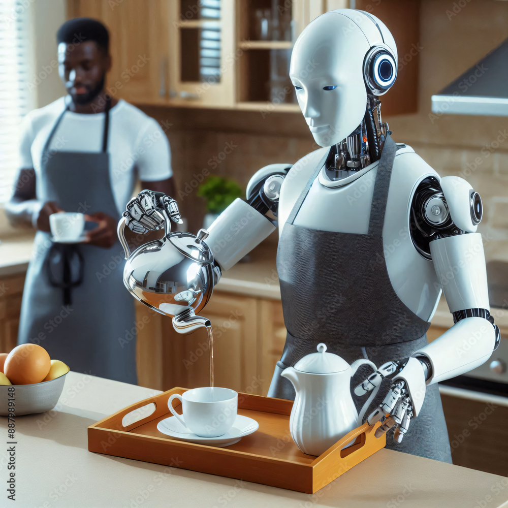 Foto de Stock Humanoid robot servant pours tea at request of human. An AI robot does housework ...