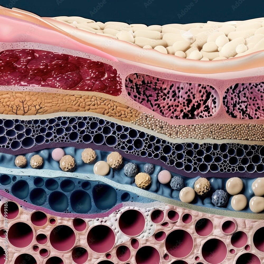 Cross-section of human skin with layers and cells labeled, Human body ...