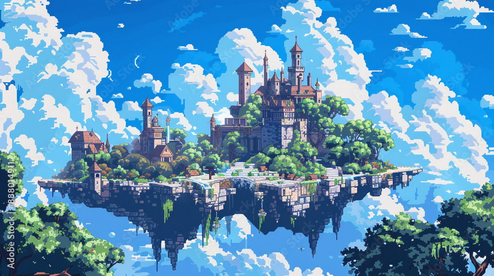2d pixel art of kingdom on floating island, fantasy art, game art, 8 ...