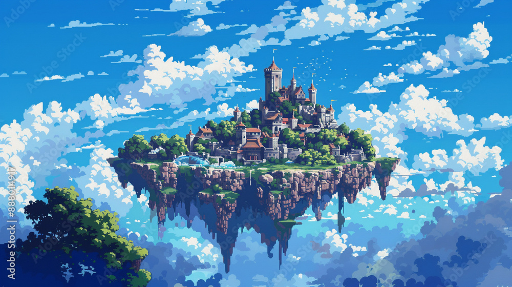 2d pixel art of kingdom on floating island, fantasy art, game art, 8 ...