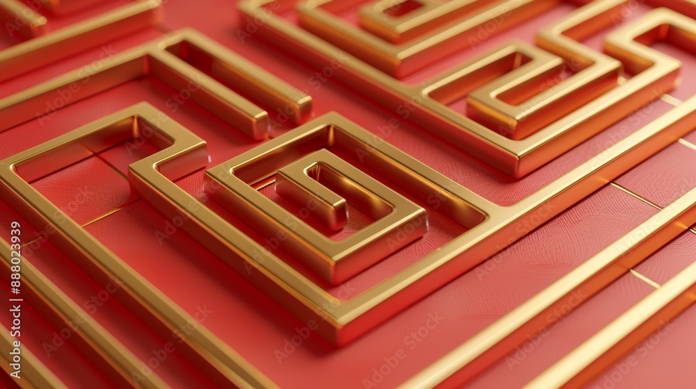 Golden lines forming a maze-like pattern on a vibrant red background. The metallic finish gives ...