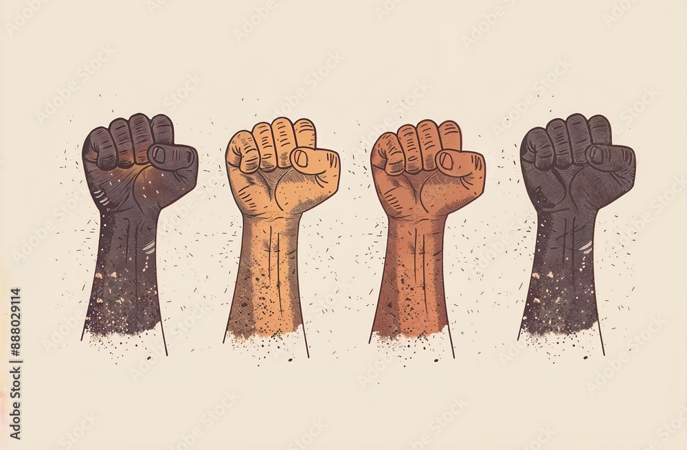 Four raised fists of different skin tones are shown against a light ...