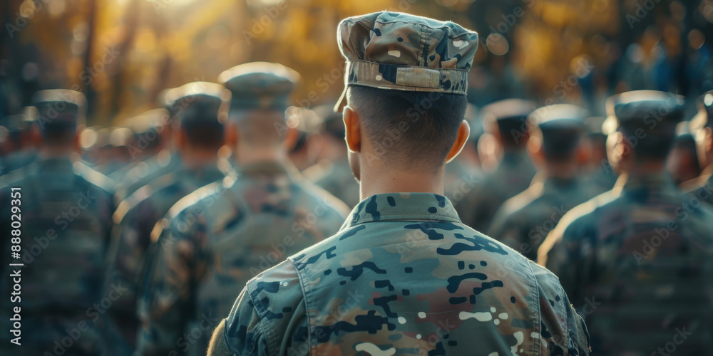 Back view of soldiers in uniform standing in formation, highlighting ...