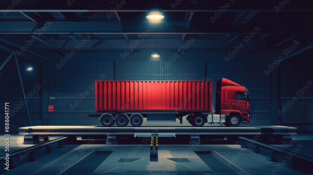 Heavy Duty Cargo Transport: Truck Trailer with Container Being Weighed ...
