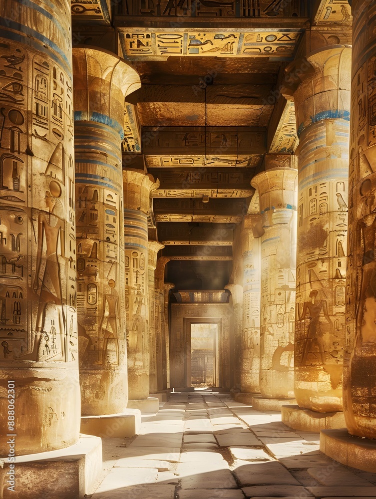 Egyptian building gallery with ancient hieroglyphs adorning the walls ...