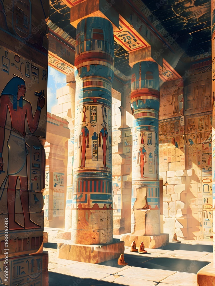 Egyptian building gallery with ancient hieroglyphs adorning the walls ...