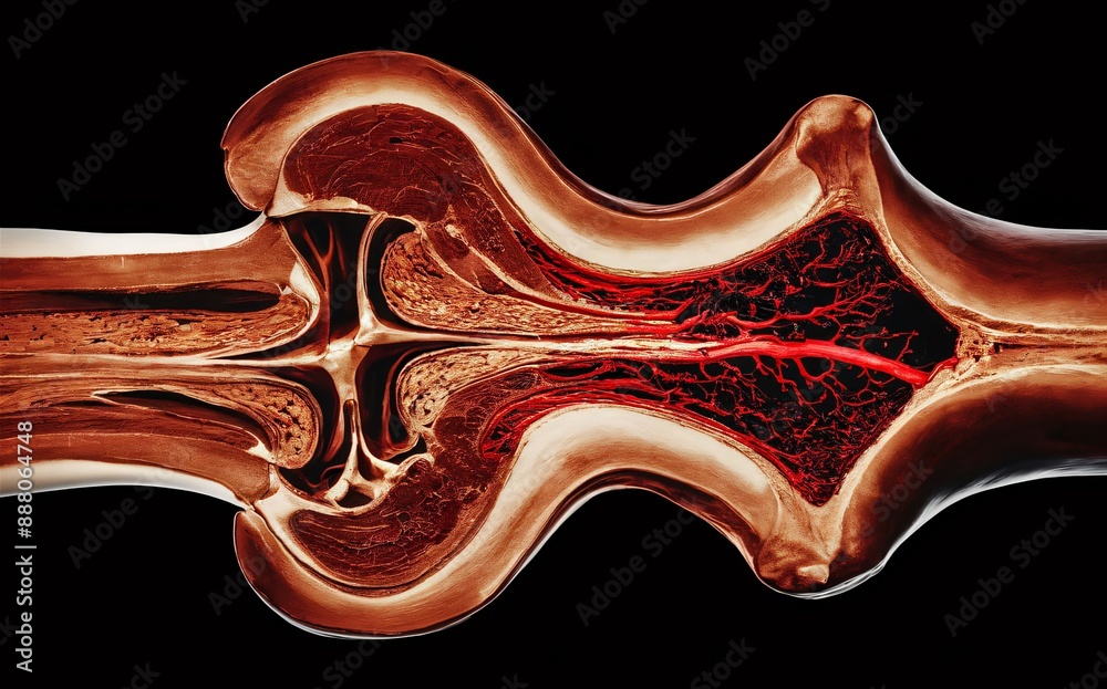 A detailed cross-section of a human bone, revealing the compact and spongy bone tissue, marrow ...