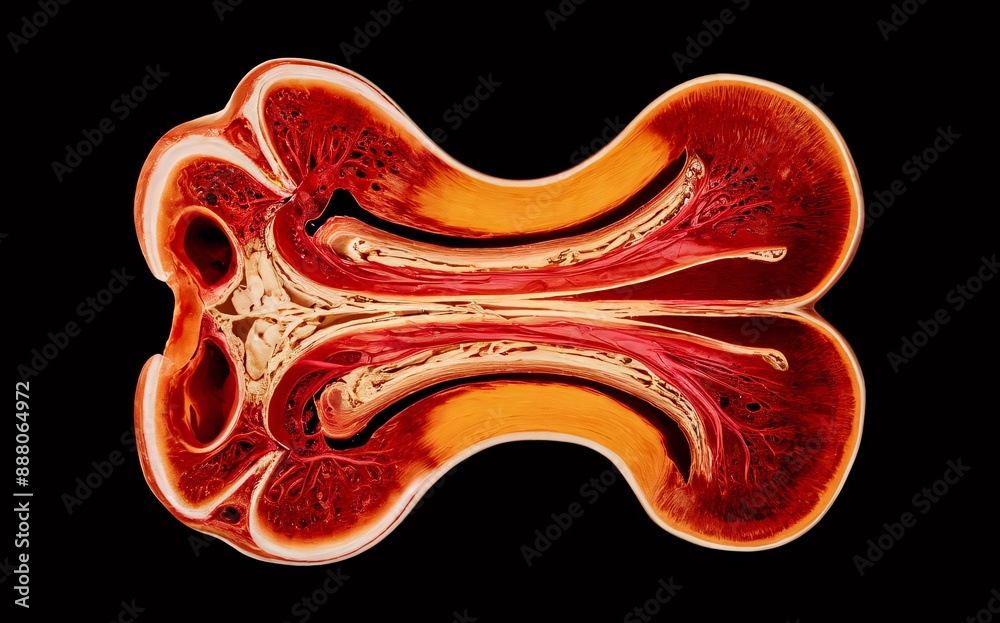 A detailed cross-section of a human bone, revealing the compact and spongy bone tissue, marrow ...