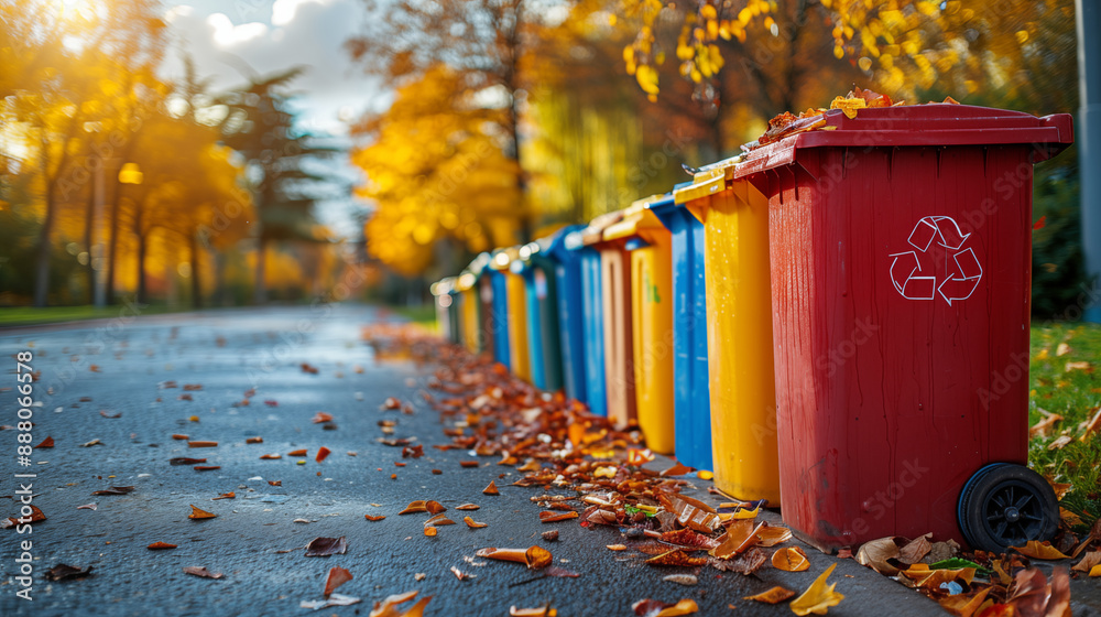 Tree-lined pedestrian walkway with colorful mobile plastic waste bins ...