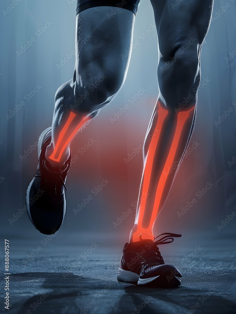 Concept of calf pain, runner's legs with a highlighted area indicating ...