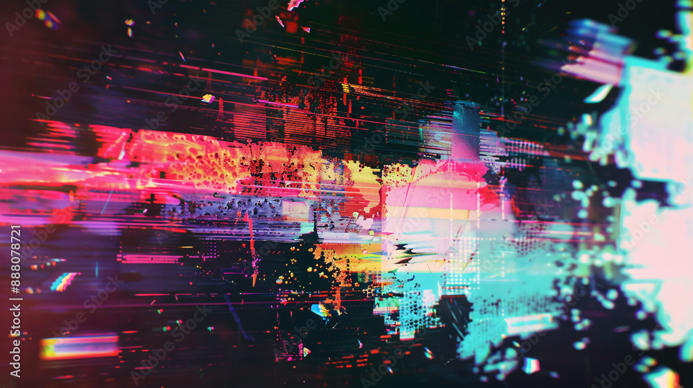 Screen damage. Digital glitch error. Colorful glow on teal blue ...