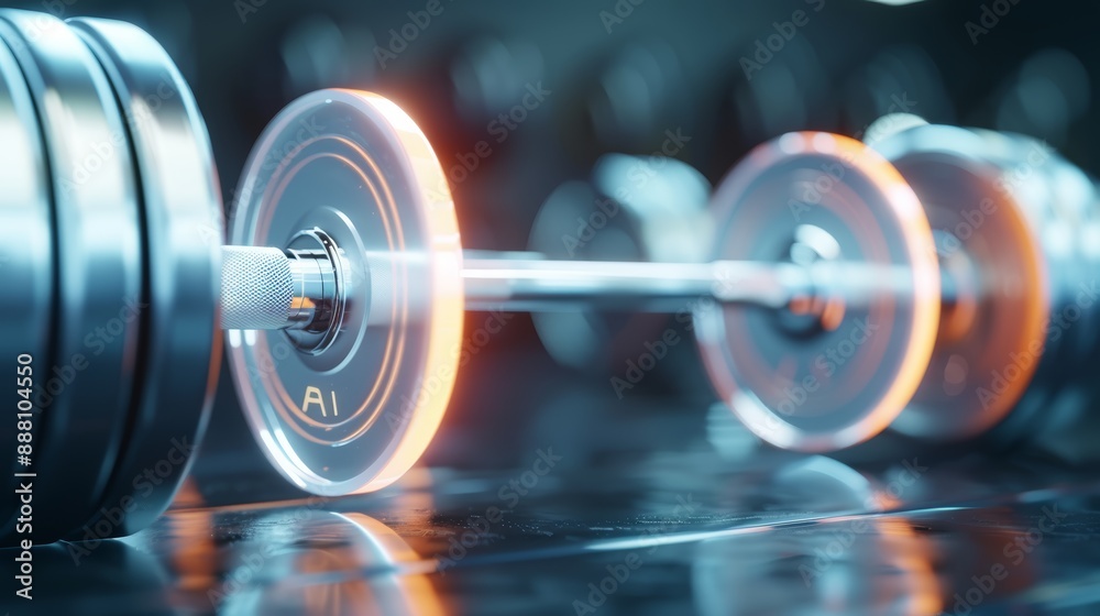 A modern weightlifting competition with transparent weights and glowing ...