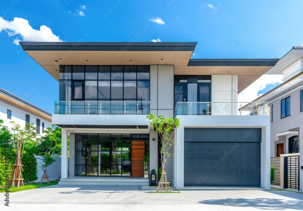 Modern two-story house exterior design in Thailand, blue sky, sunny day ...