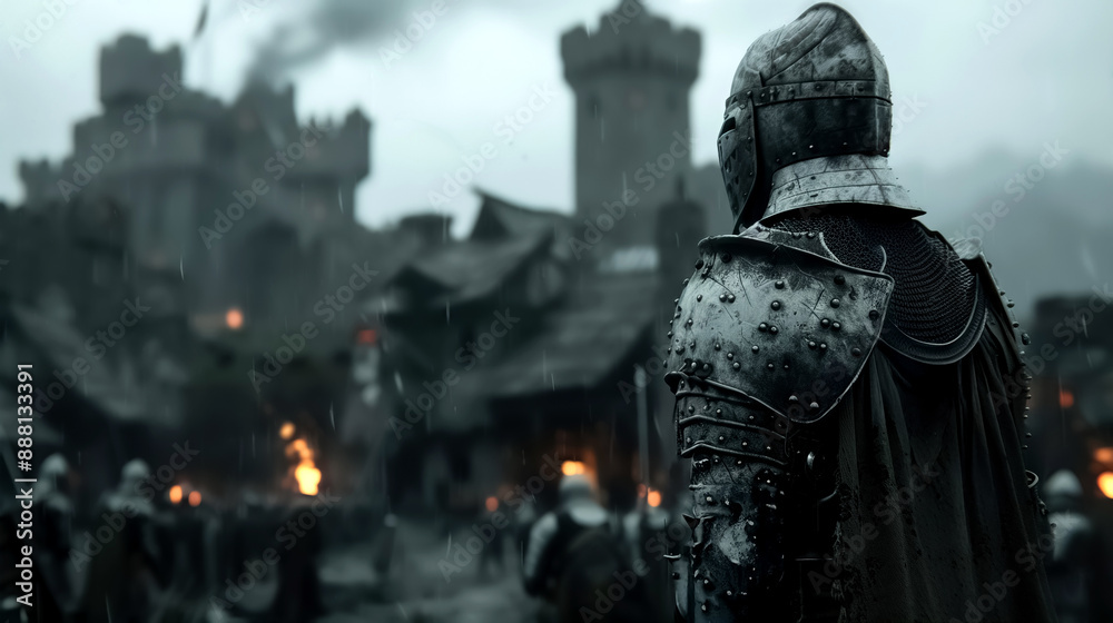 Medieval knight in armor overlooks a castle siege, surrounded by chaos ...