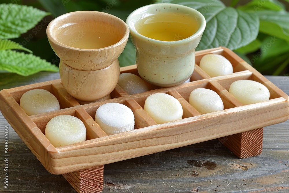 Traditional Japanese tea set with green tea and mochi on a wooden tray ...