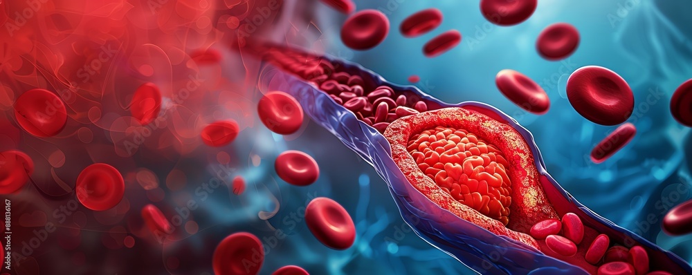 Illustration of blood flow with a blocked artery. Red blood cells and ...