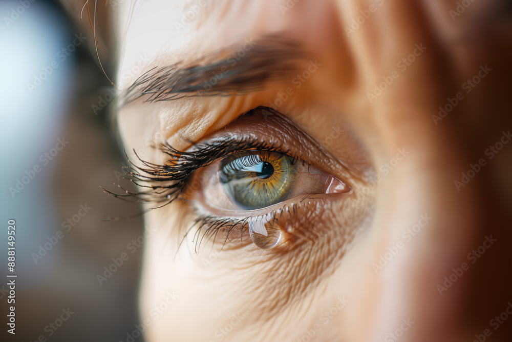 Woman eye with a teardrop. Close-up of Caucasian woman on her 40s ...