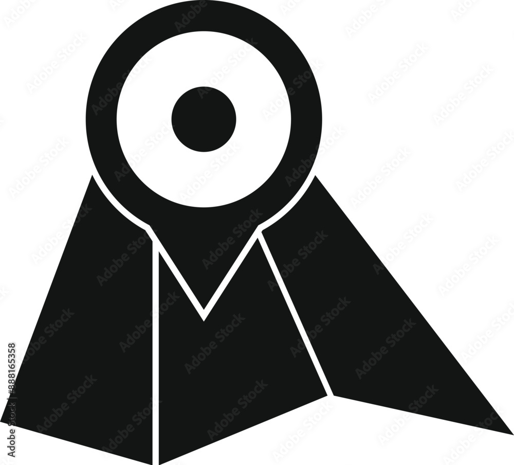 Black and white icon of a location pin pointing on a folded paper map ...