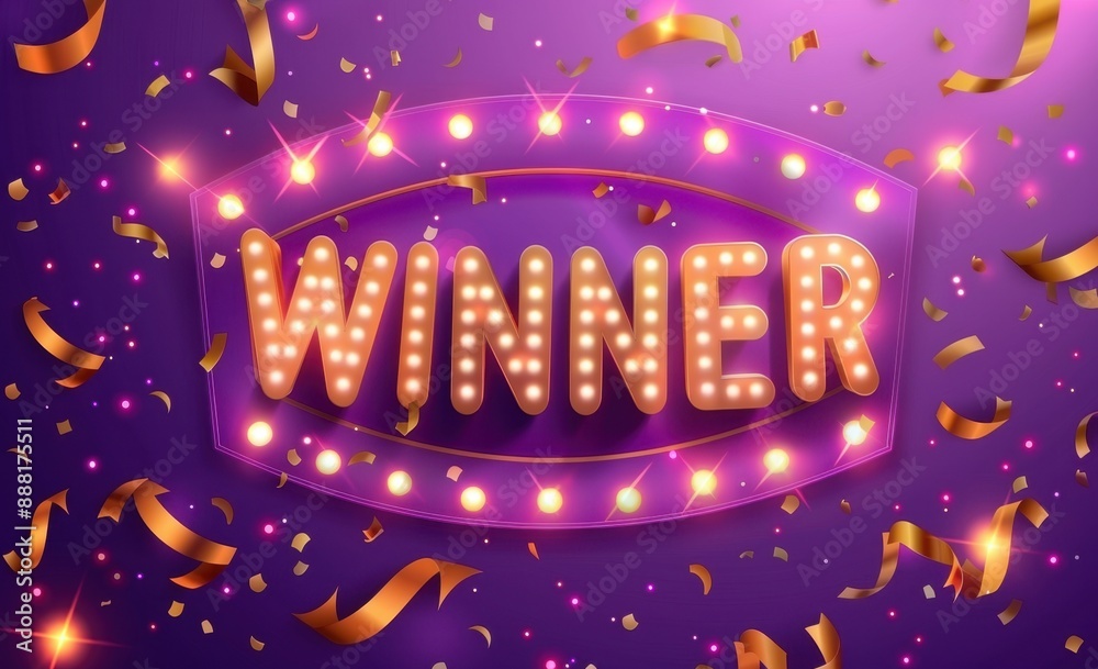 purple background with golden confetti and retro light sign "WINNER ...