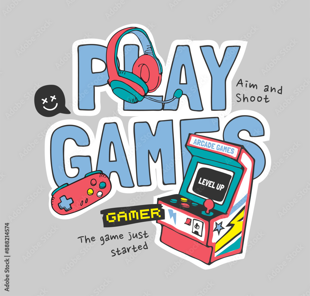 play games slogan with game machine and headphone hand drawn line art ...