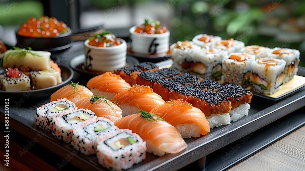 Futuristic urban food hall where international cuisine like sushi taco ...