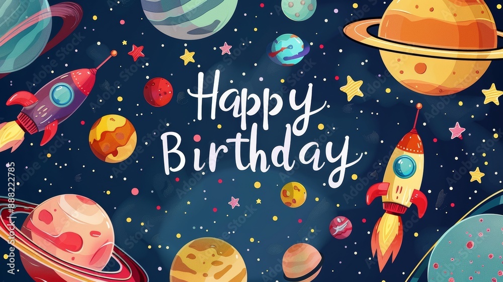 Vibrant Space-Themed Happy Birthday Background with Planets, Stars, and ...