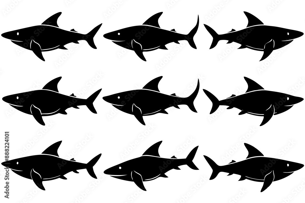 Shark silhouette vector set, Set of shark Silhouette isolated on white ...