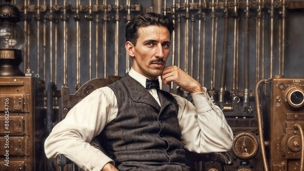 Portrait of Nikola Tesla in vintage lab surrounded by early 19th ...