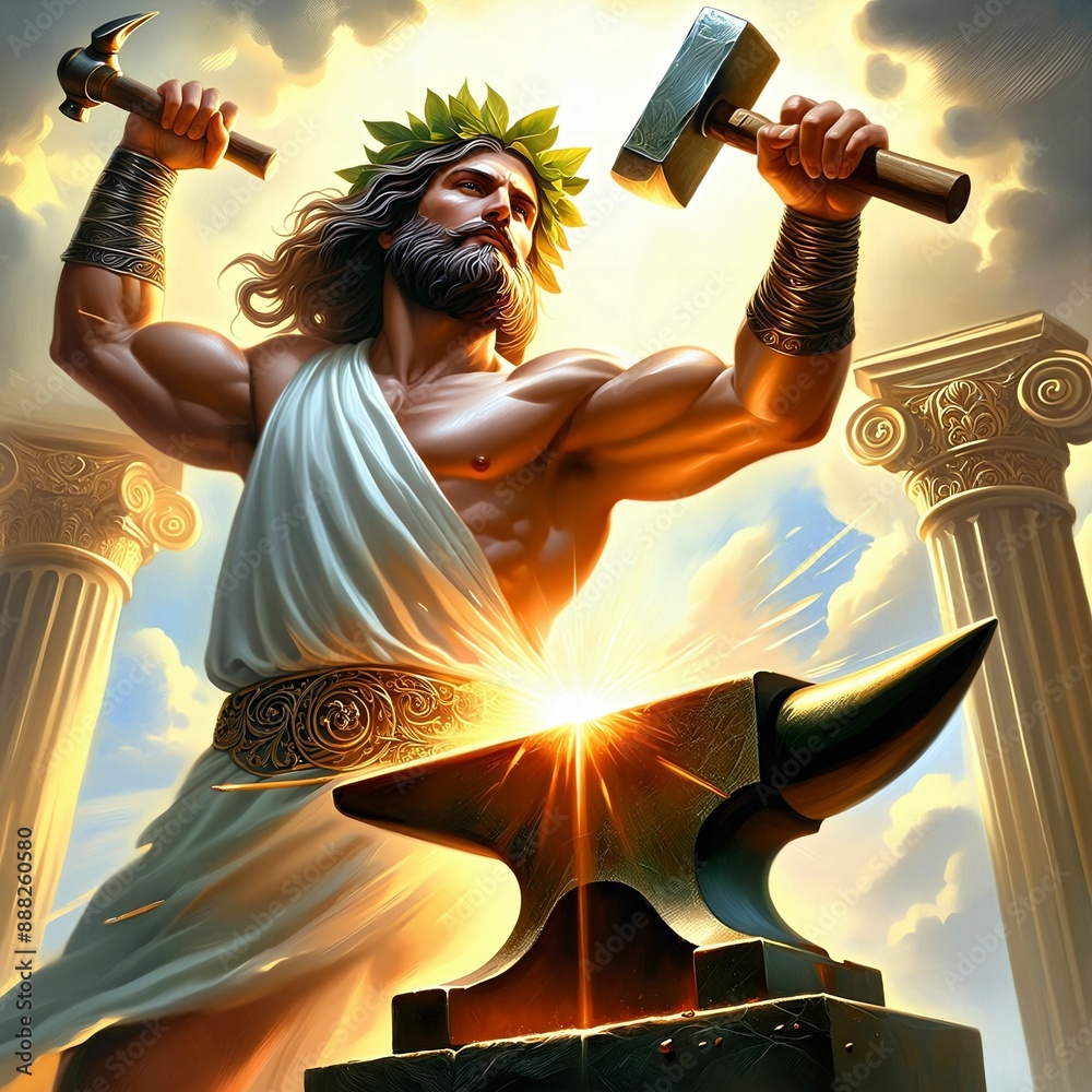 Hephaestus the god with his hammer and anvil. He was cast off Mount ...
