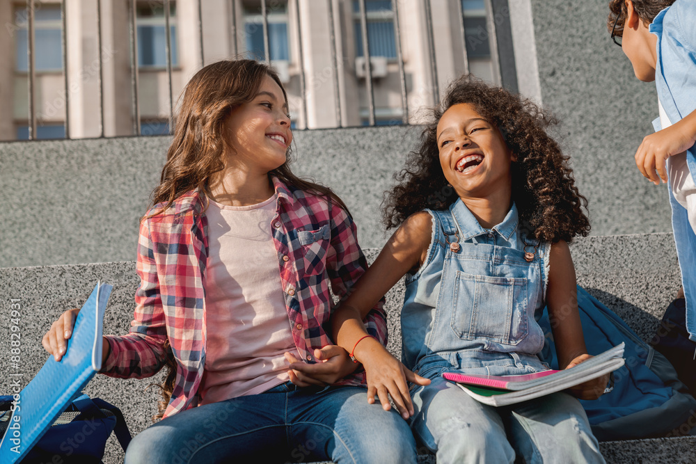 Portrait of cheerful positive school pupils friends preteen boys and ...