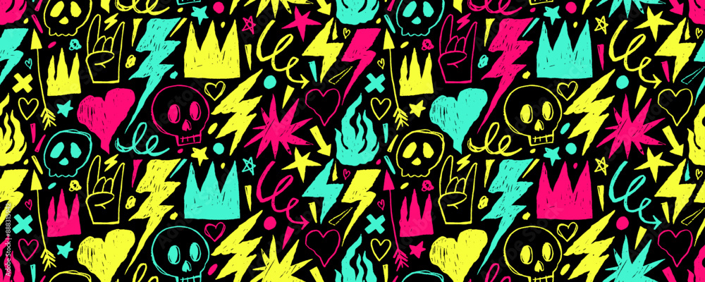 Bright colored seamless pattern with punk grunge elements. Crayon drawn ...