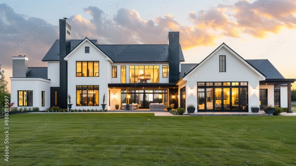 luxurious modern farmhouse in a suburban setting, with an expansive ...