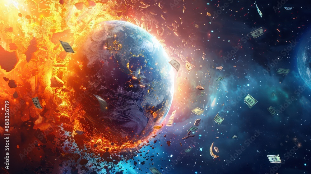 3. Illustrate a scene of a glowing planet fracturing into pieces, with ...