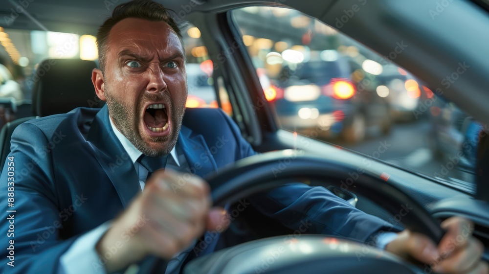 Angry male car driver yells at other drivers and pedestrians who ...