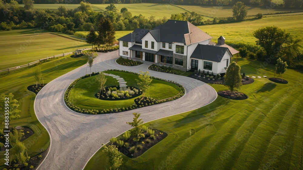 bird's-eye view of a suburban farmhouse with a sprawling lawn, modern ...
