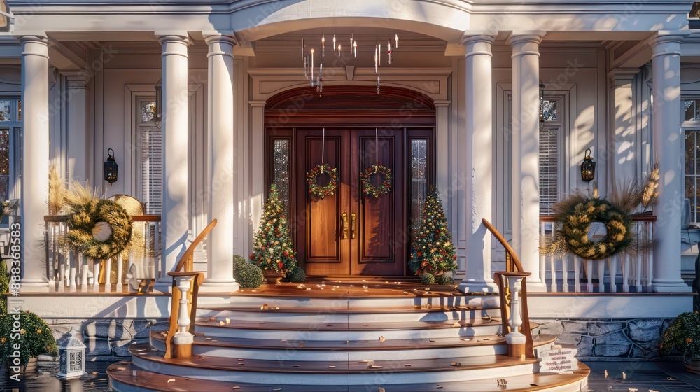 suburban farmhouse with an elegant front entry featuring a double ...