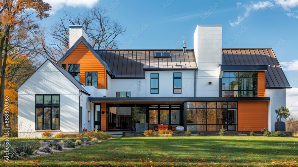 suburban farmhouse with an avant-garde design, featuring asymmetrical ...