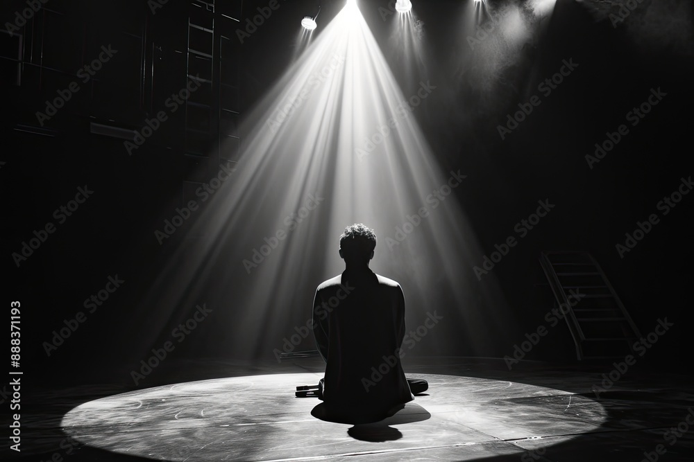 Solemn silhouette under spotlight, actor lost in the moment, embodying ...