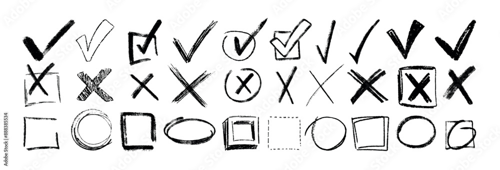 Hand drawn check mark set. Black charcoal pencil check boxes, checklist icons. Crayon sketch ...