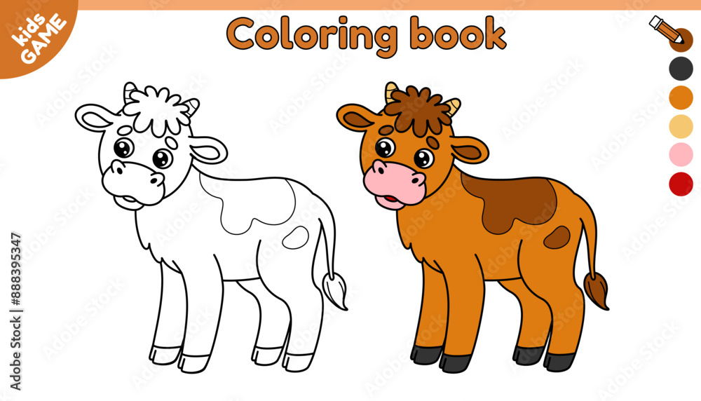 Page of kids coloring book with calf. Cute cartoon baby cow. Color the ...