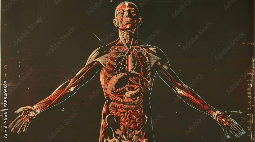 Diagram of human body for men, showing the skin, blood flow, bones ...