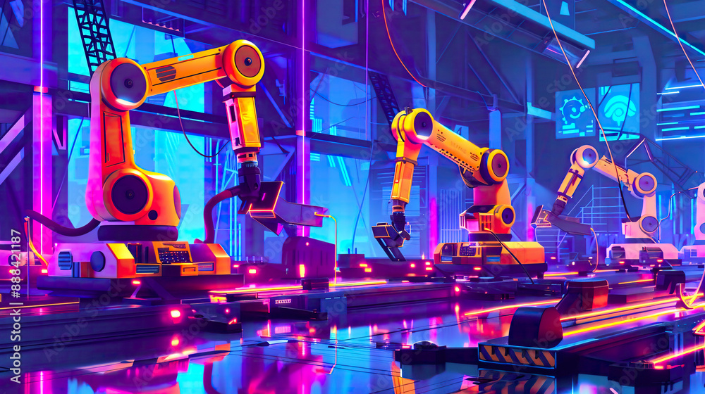 Ilustración de Stock An immersive illustration of smart industry robot arms in action on a ...
