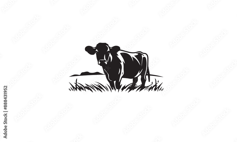 Cattle Angus Cow & Grass silhouette livestock farm black logo design on white background Stock ...